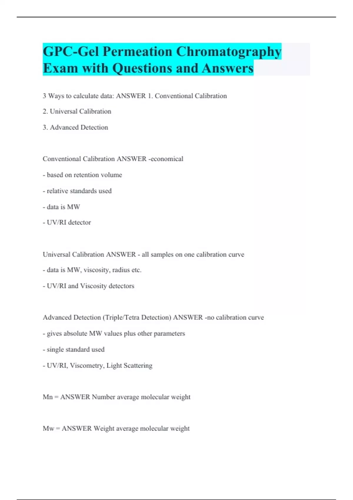 GPC-Gel Permeation Chromatography Exam with Questions and Answers - GPC ...