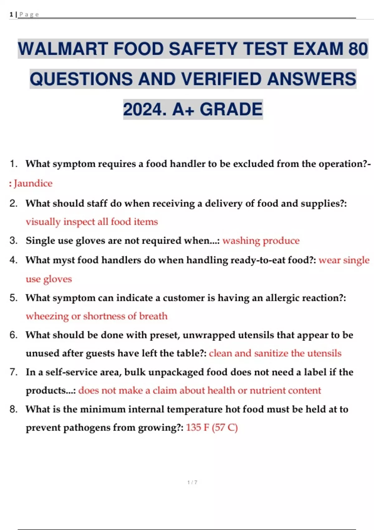 WALMART FOOD SAFETY TEST EXAM 80 QUESTIONS AND VERIFIED ANSWERS 2024 ...