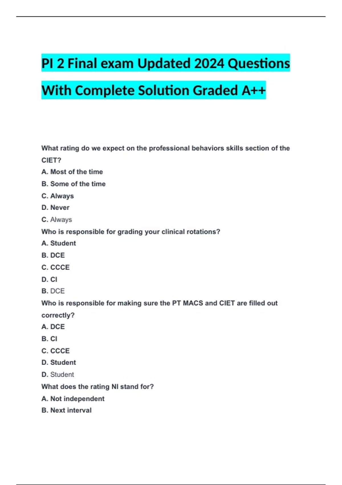 PI 2 Final exam Updated 2024 Questions With Complete Solution Graded ...