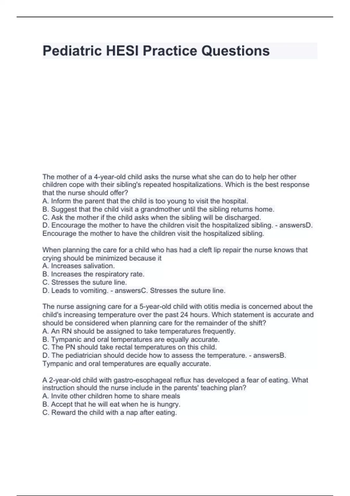 Pediatric HESI Practice Questions #B with accurate answers - Pediatric ...
