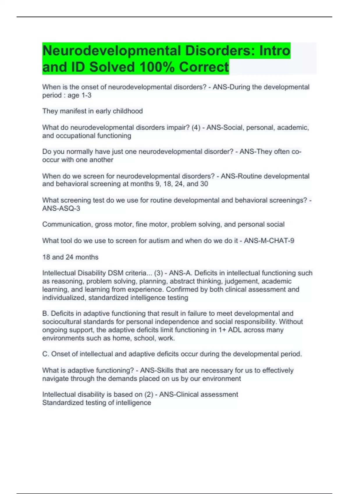 Neurodevelopmental Disorders: Intro and ID Solved 100% Correct ...