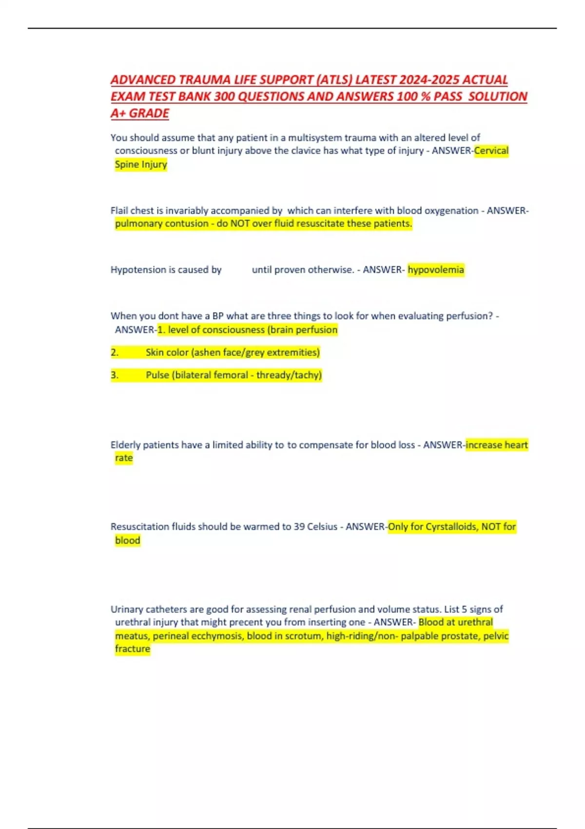 ADVANCED TRAUMA LIFE SUPPORT (ATLS) LATEST ACTUAL EXAM TEST BANK 300 ...