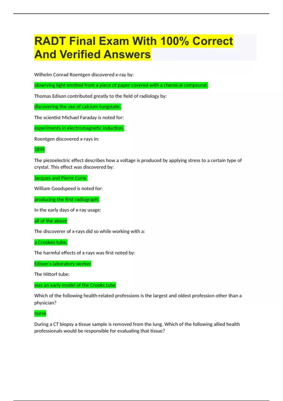 RADT Final Exam With 100% Correct And Verified Answers - RADT - Stuvia US