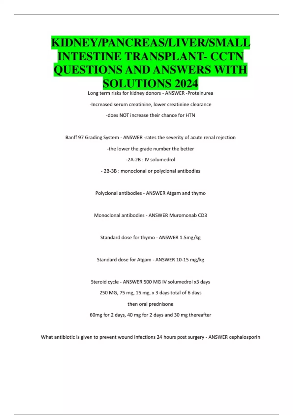 KIDNEY/PANCREAS/LIVER/SMALL INTESTINE TRANSPLANT- CCTN QUESTIONS AND ...