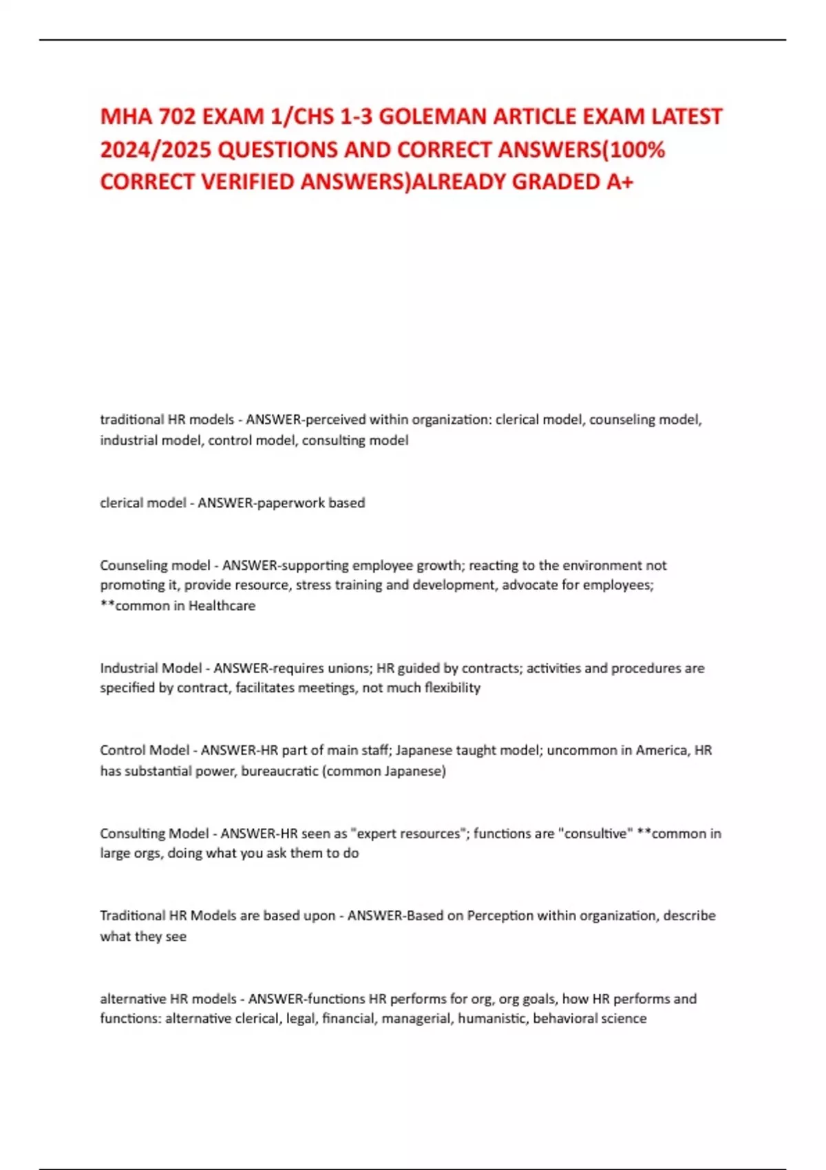 MHA 702 EXAM 1/CHS 1-3 GOLEMAN ARTICLE EXAM LATEST 2024/2025 QUESTIONS ...