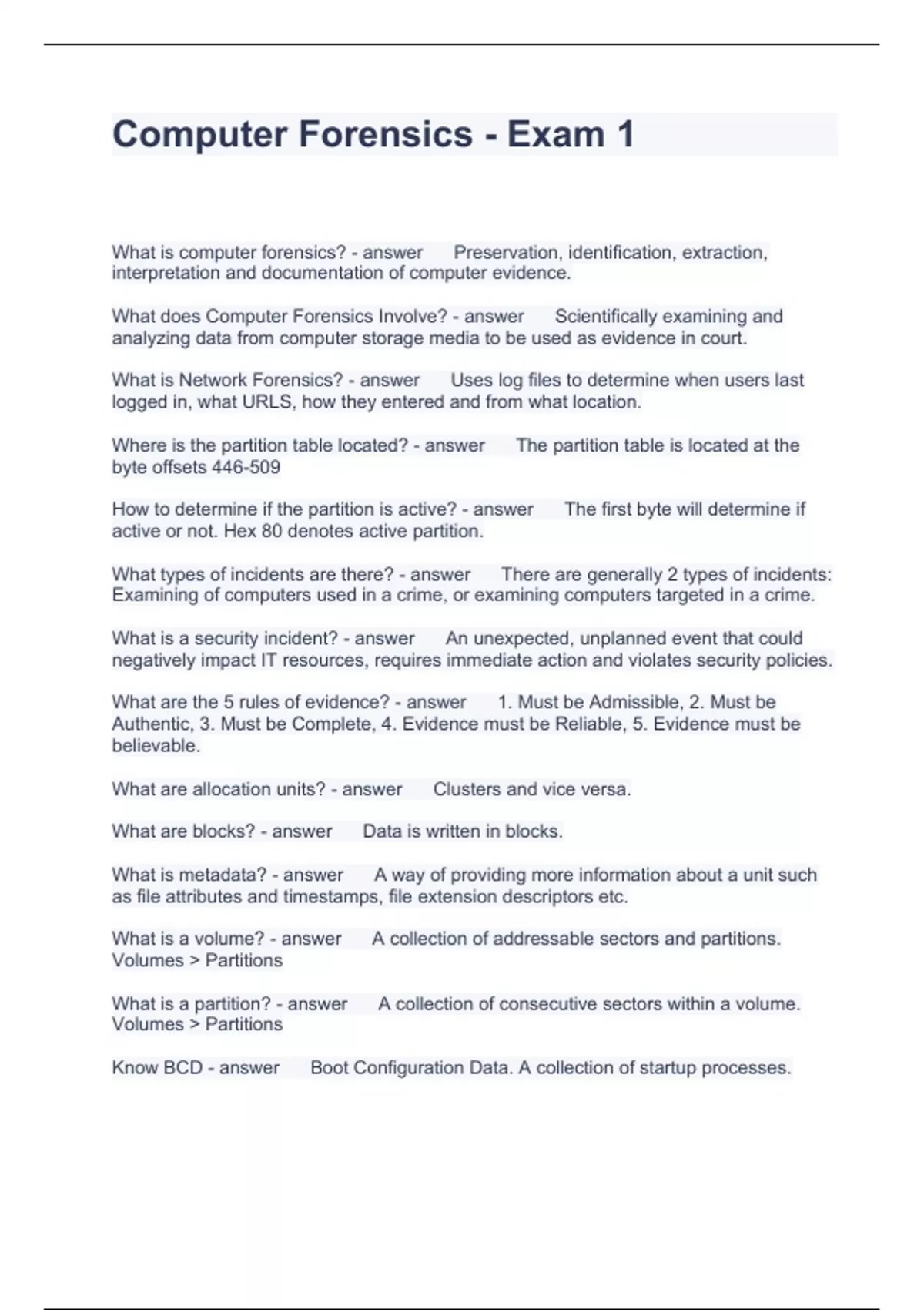 Computer Forensics - Exam 1, Questions with Solutions 2024 - Computer forensics - Stuvia US