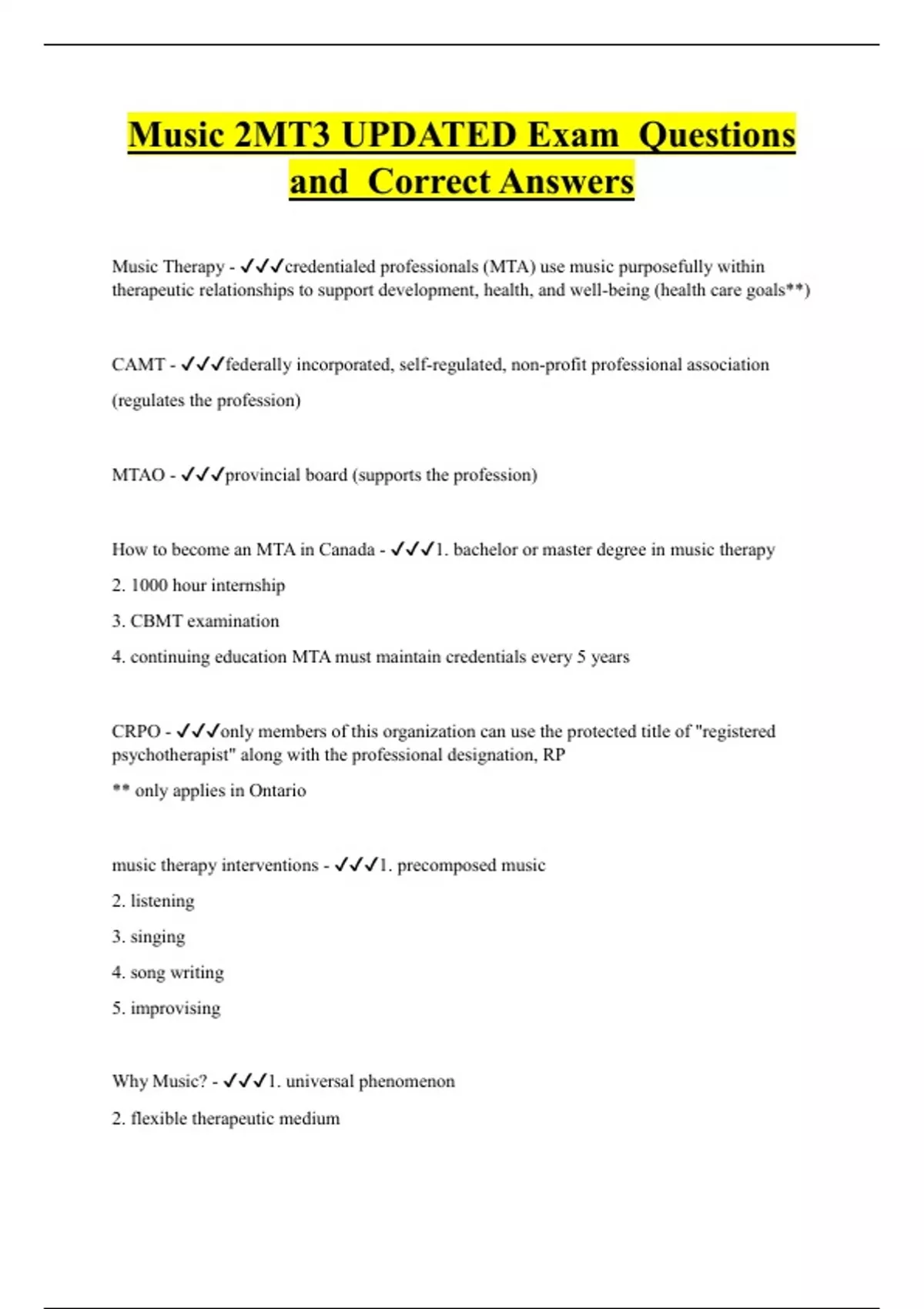 MUSIC 2MT3 Bundled Exam Questions WITH CORRECT Answers - Stuvia US