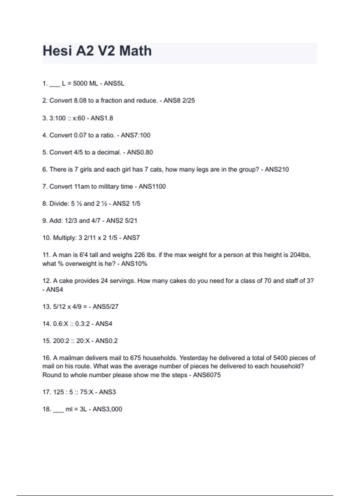 Hesi A2 V2 Math questions and answers already graded A+ 2024/2025 ...