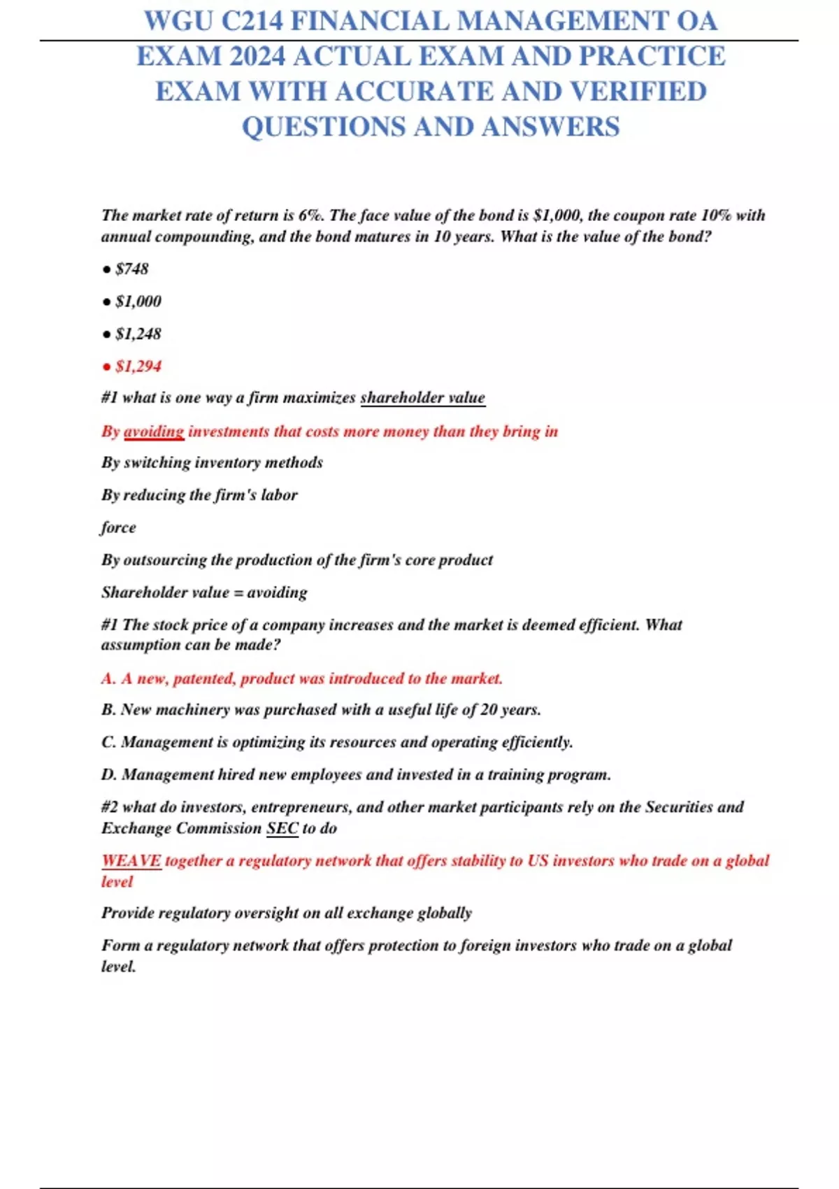 WGU C214 FINANCIAL MANAGEMENT OA EXAM 2024 ACTUAL EXAM AND PRACTICE ...