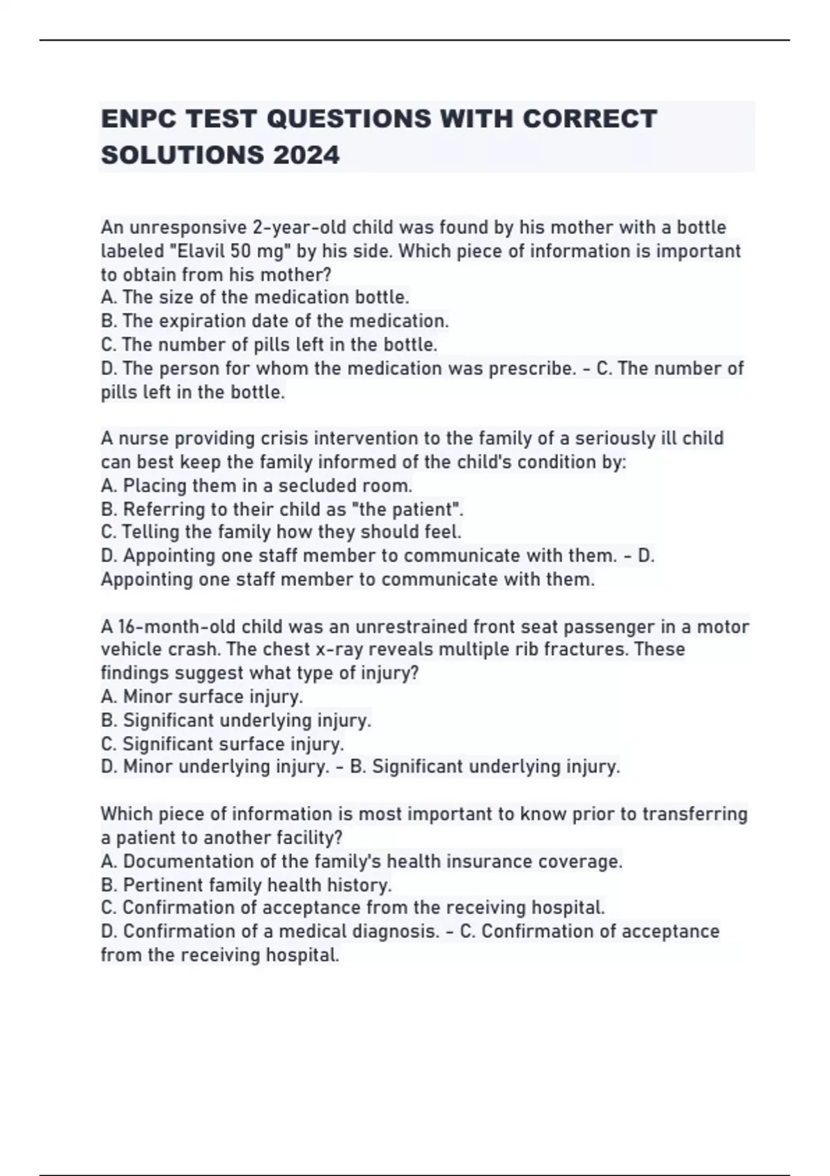 ENPC TEST QUESTIONS WITH CORRECT SOLUTIONS 2024 - ENPC - Stuvia FR