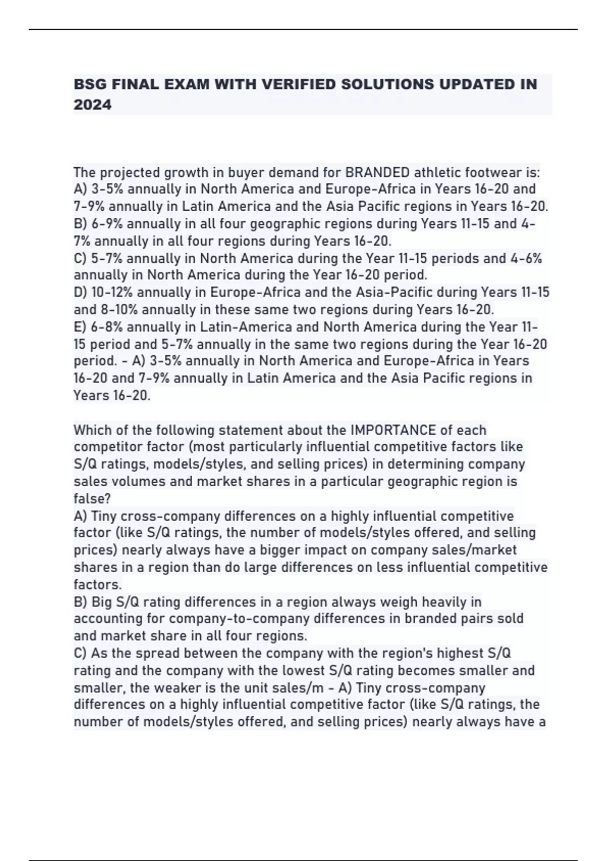 BSG FINAL EXAM WITH VERIFIED SOLUTIONS UPDATED IN 2024 - BSG - Stuvia US