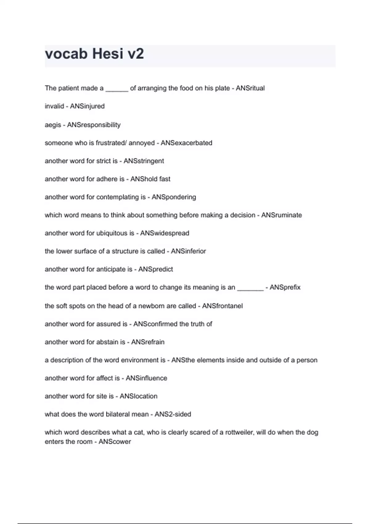 vocab Hesi v2 questions and answers already graded A+ 2024/2025 - Hesi A2 V2 - Stuvia US