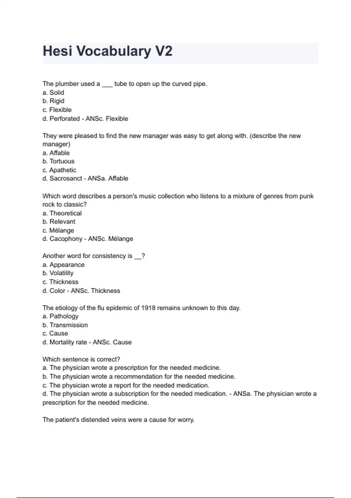 Hesi Vocabulary V2 questions and answers already graded A+ 2024/2025 - Hesi A2 V2 - Stuvia US