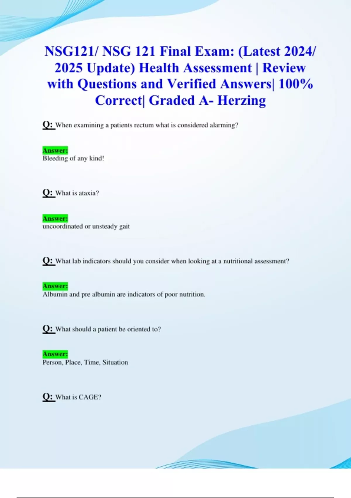 NSG121/ NSG 121 Exam 3,Exam 4 & Final Exams: (Latest 2024/ 2025 Updates ...