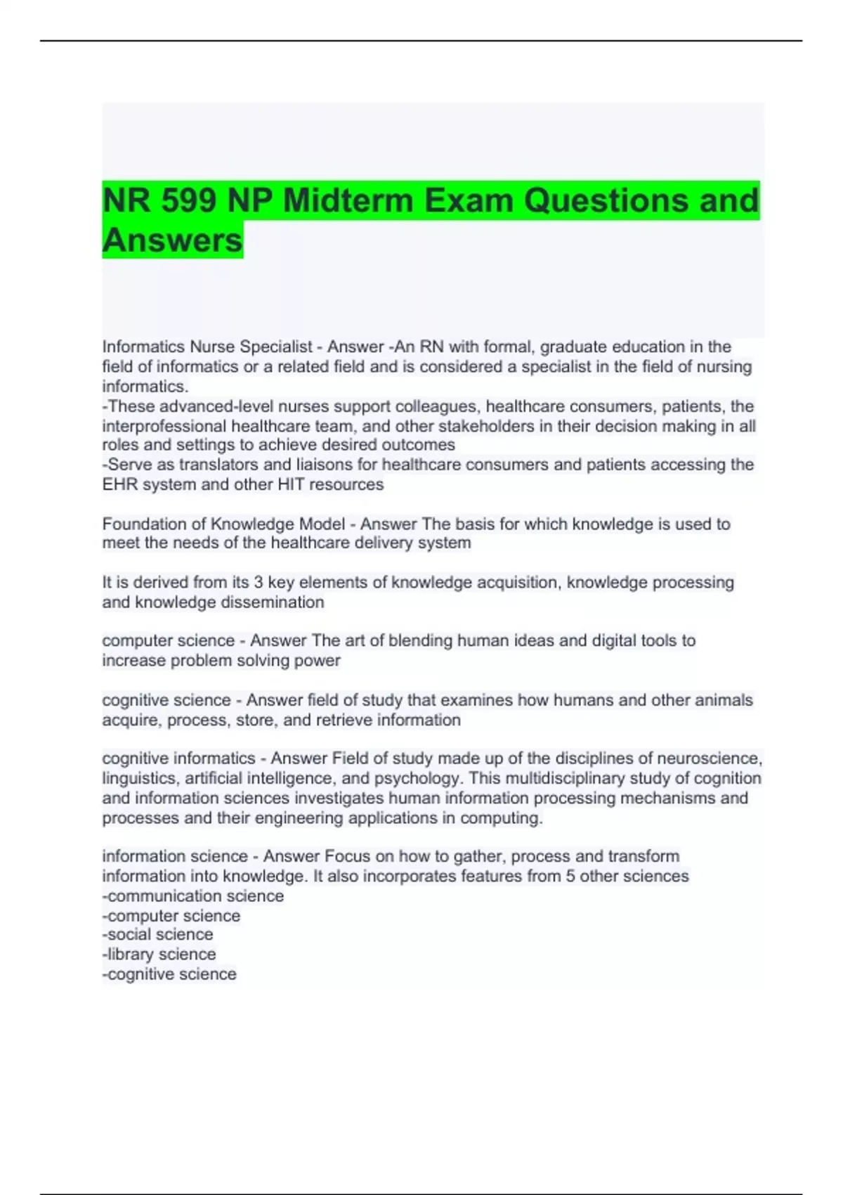 NR 599 NP Midterm Exam Questions and Answers 2024 - NR599 - Stuvia US
