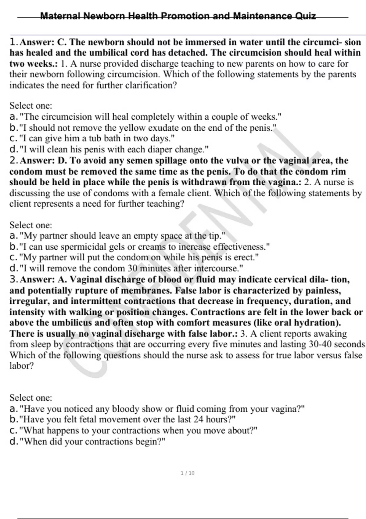 Maternal Newborn Health Promotion and Maintenance Quiz - Maternal ...