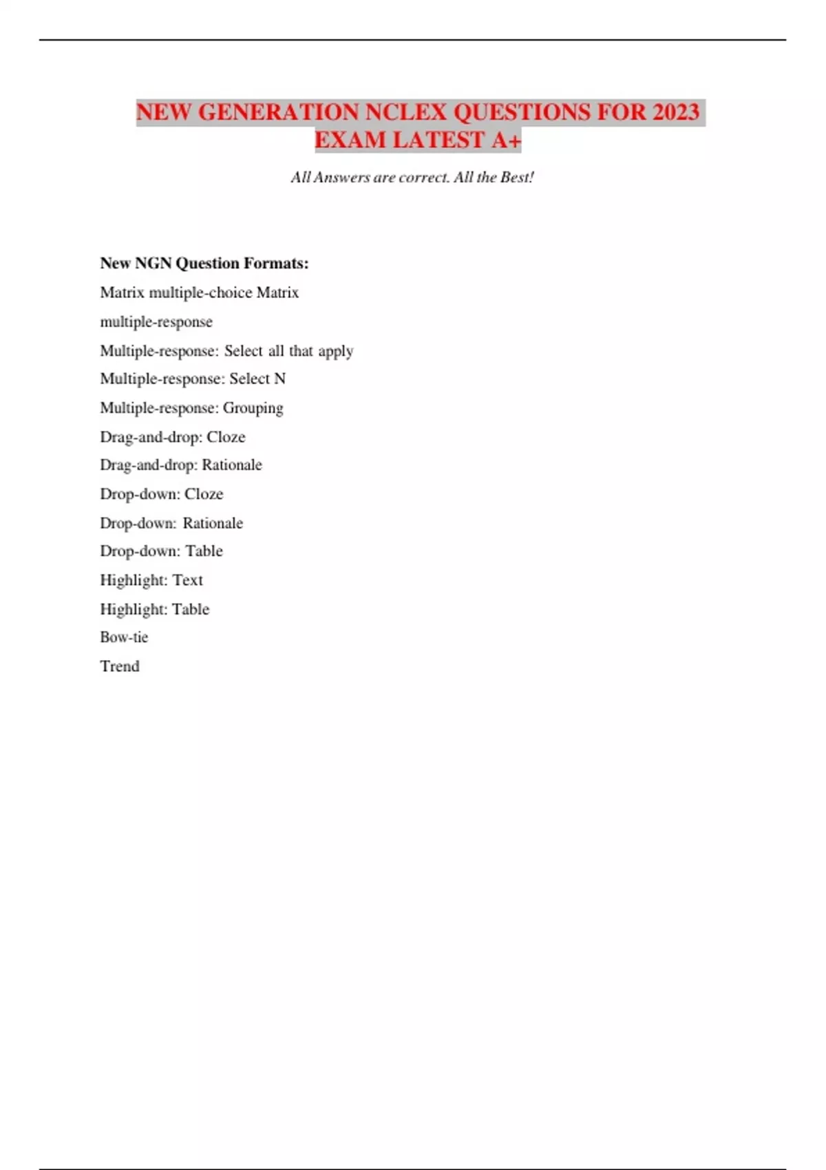 NEW GENERATION NCLEX QUESTIONS FOR EXAM LATEST A+ All Answers are ...