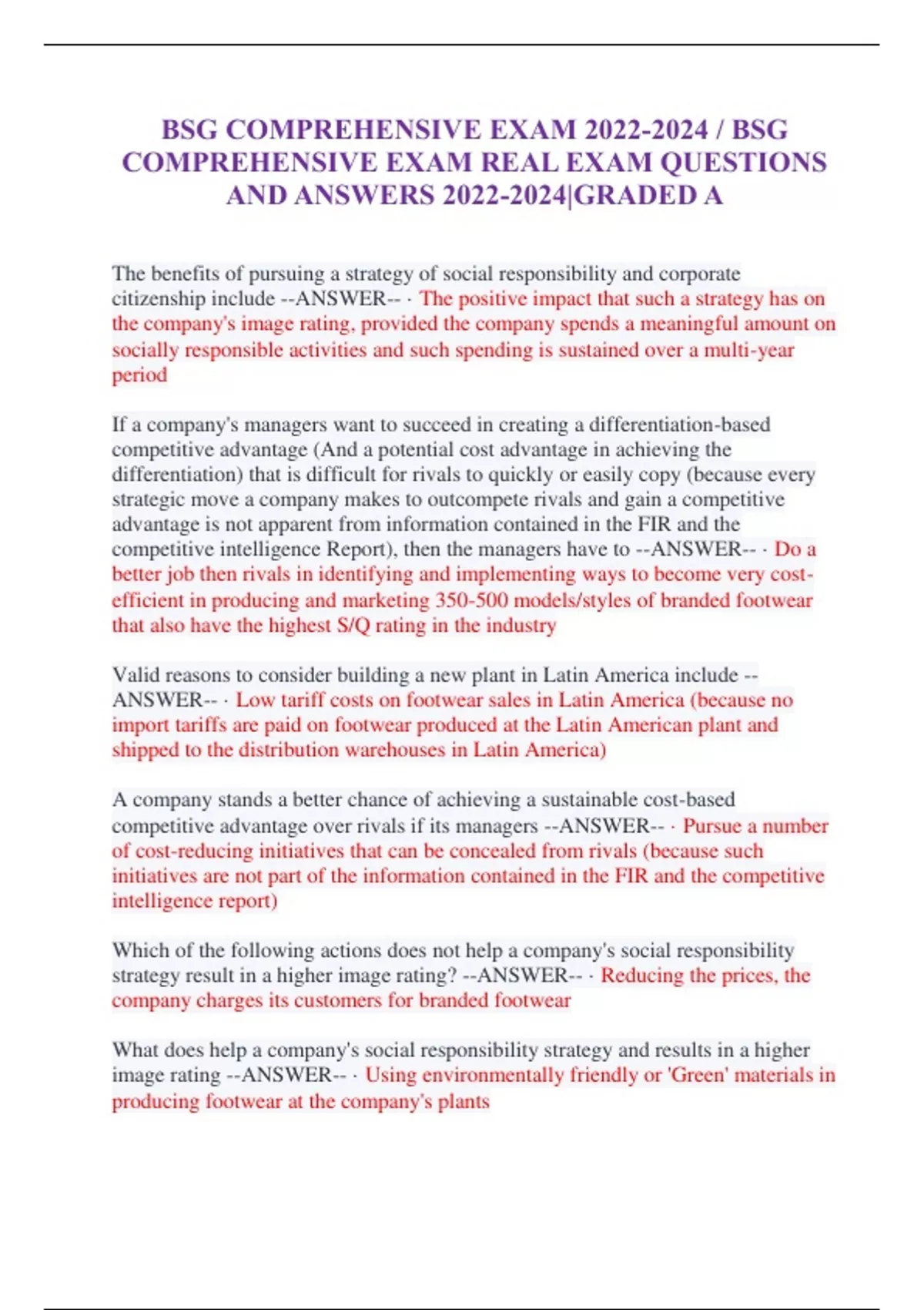 BSG COMPREHENSIVE EXAM / BSG COMPREHENSIVE EXAM REAL EXAM QUESTIONS AND ...