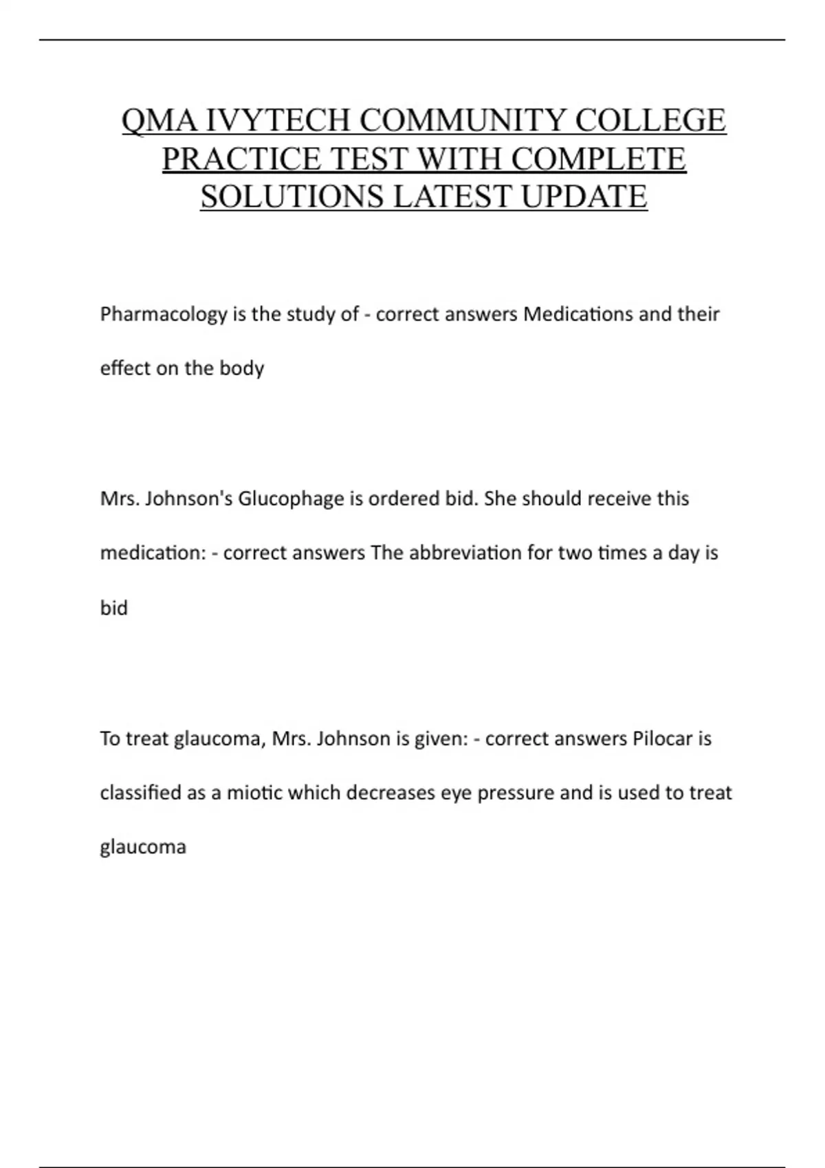 QMA IVYTECH COMMUNITY COLLEGE PRACTICE TEST WITH COMPLETE SOLUTIONS ...