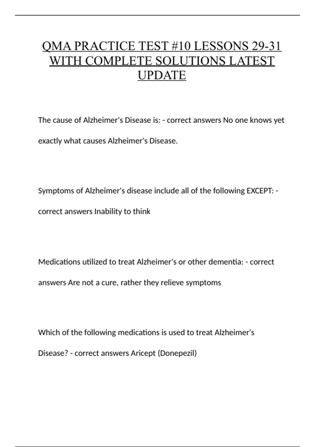 QMA PRACTICE TEST #10 LESSONS 29-31 WITH COMPLETE SOLUTIONS LATEST ...