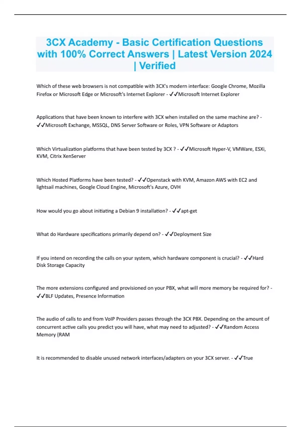 3CX Academy - Basic Certification Questions with 100% Correct Answers ...