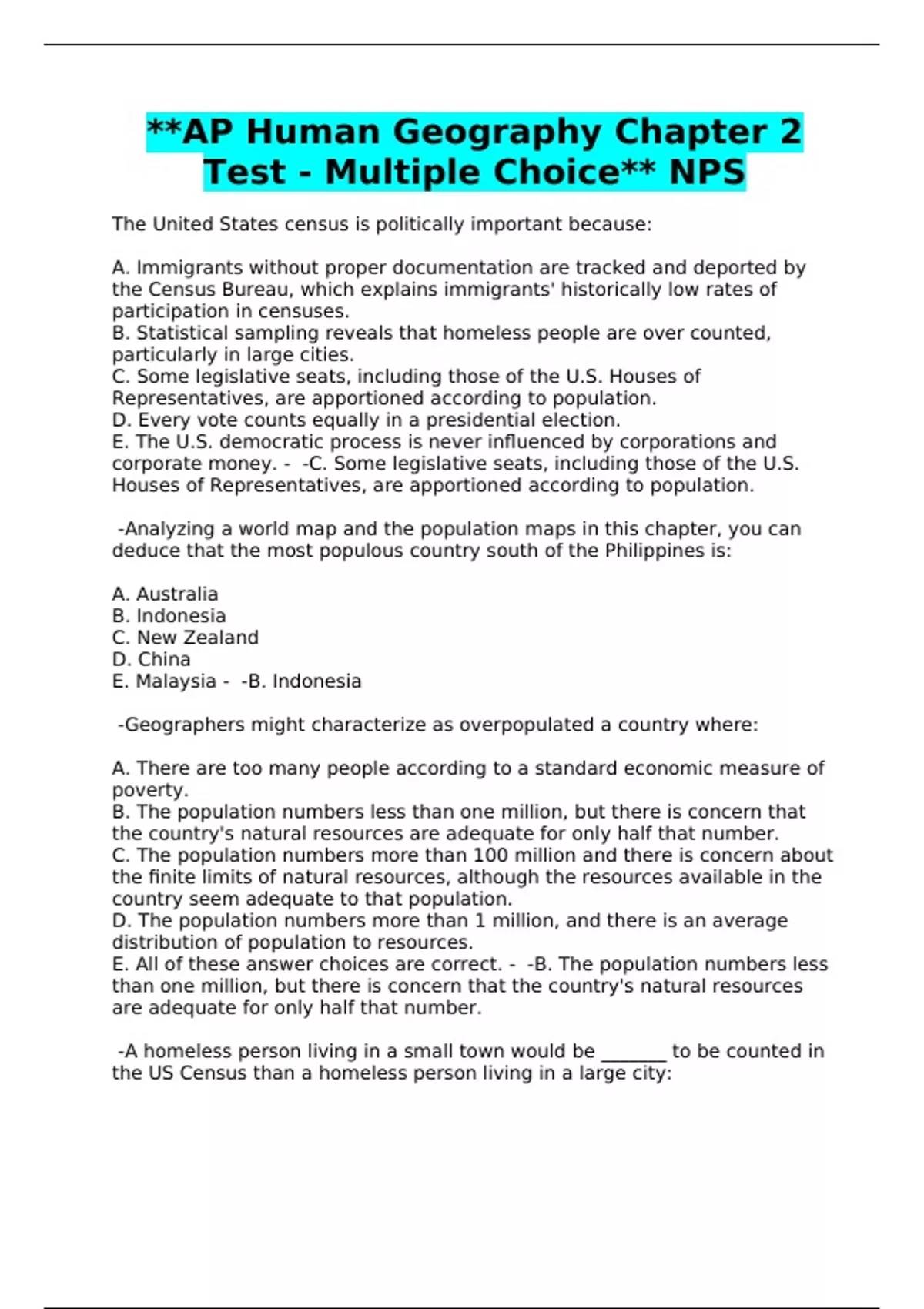 **AP Human Geography Chapter 2 Test - Multiple Choice** NPS - **AP ...