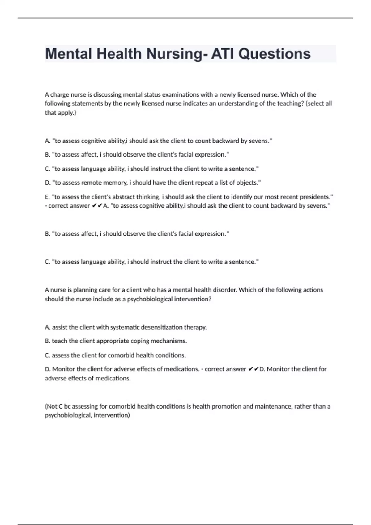 Mental Health Nursing- ATI Questions with verified answers - PN MENTAL ...