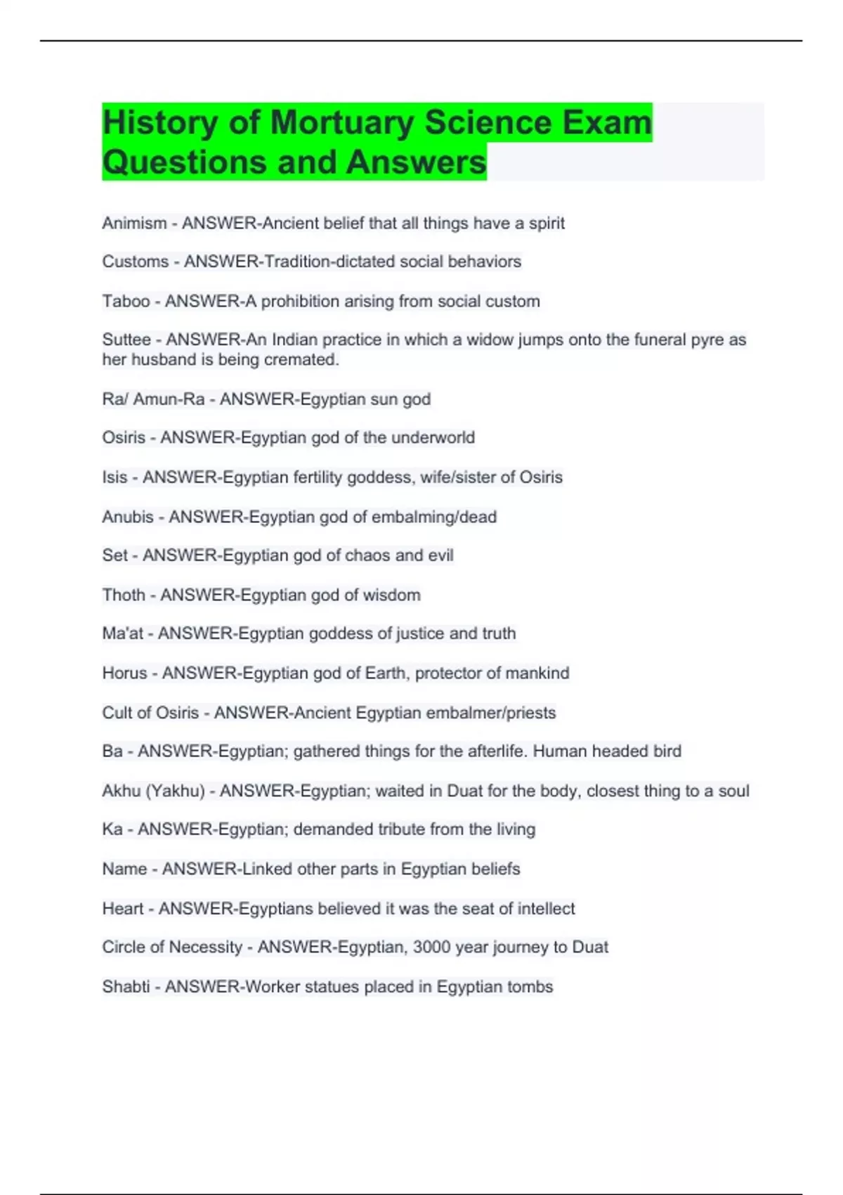History of Mortuary Science Exam Questions and Answers - Mortuary ...