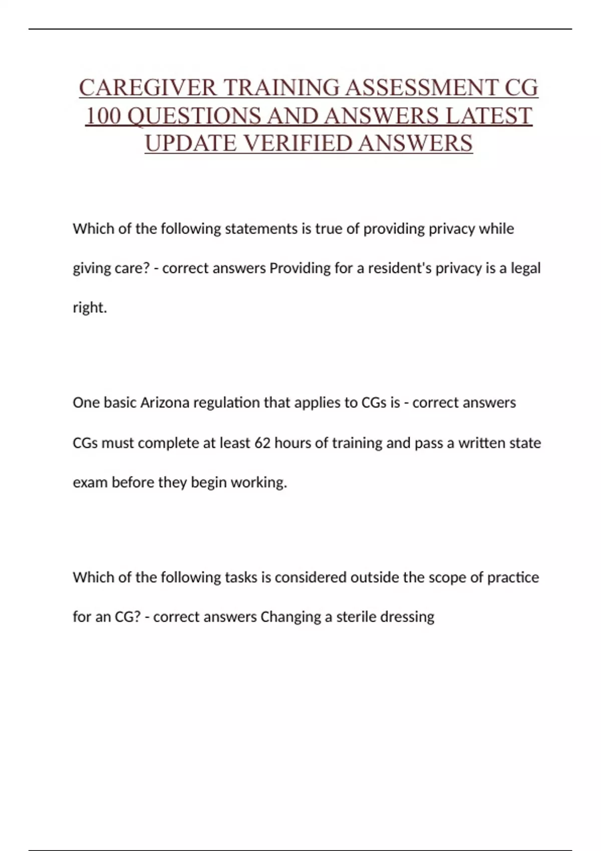 CAREGIVER TRAINING ASSESSMENT CG 100 QUESTIONS AND ANSWERS LATEST ...