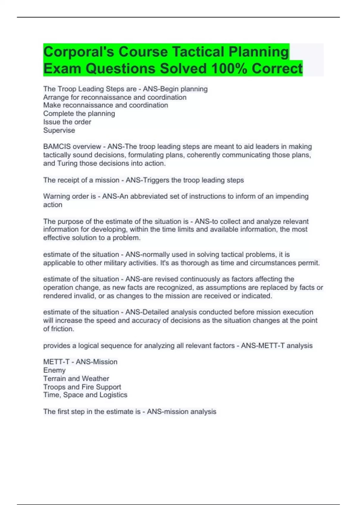 Corporal's Course Tactical Planning Exam Questions Solved 100% Correct ...