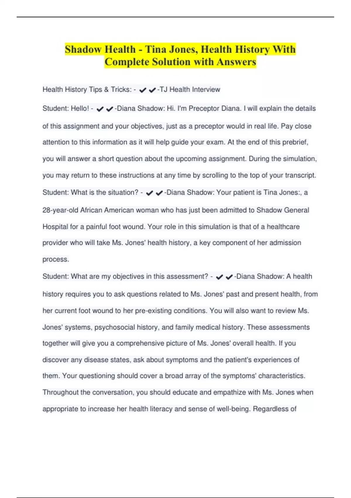 Shadow Health - Tina Jones, Health History With Complete Solution with ...