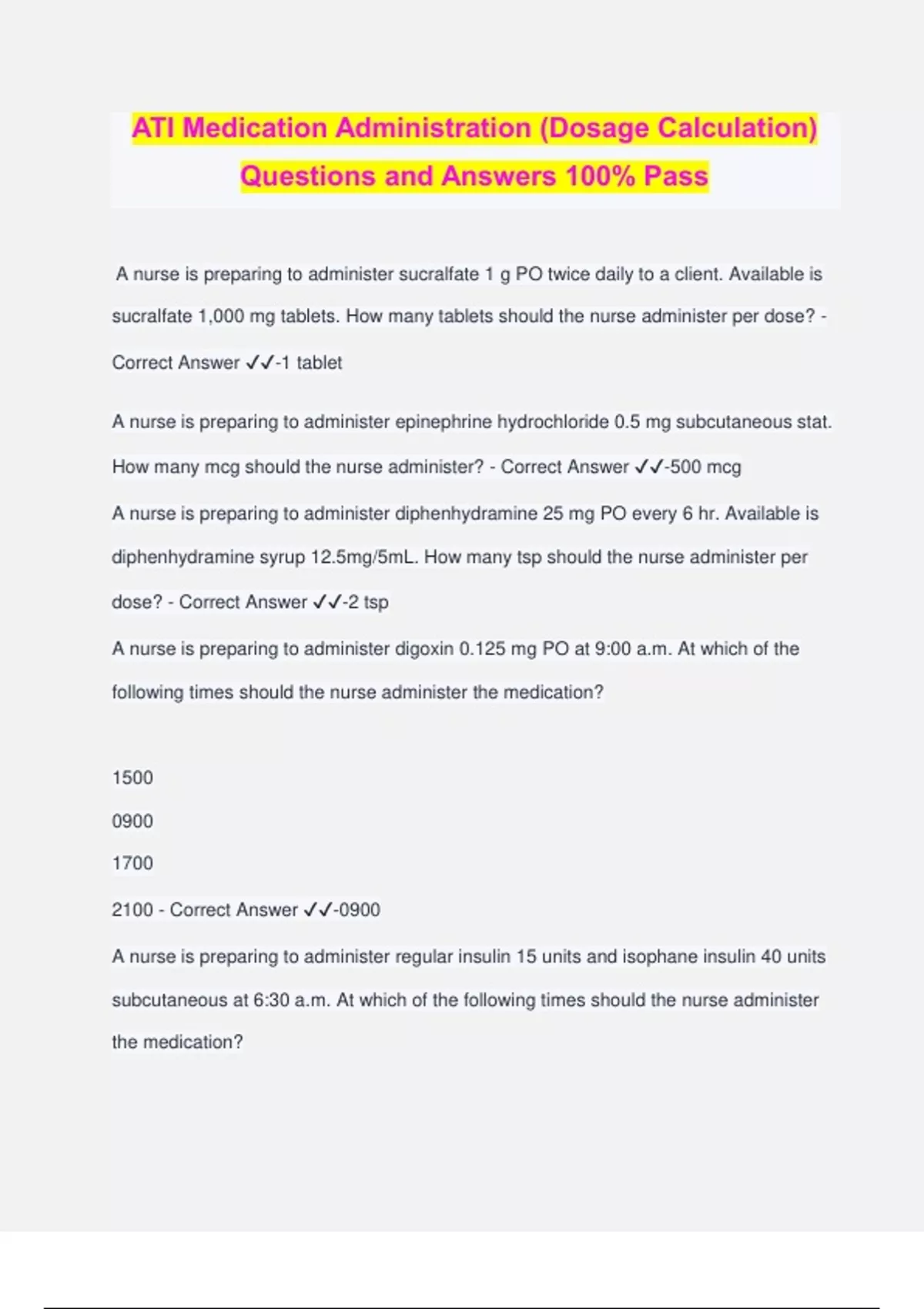 ATI Medication Administration (Dosage Calculation) Questions and ...