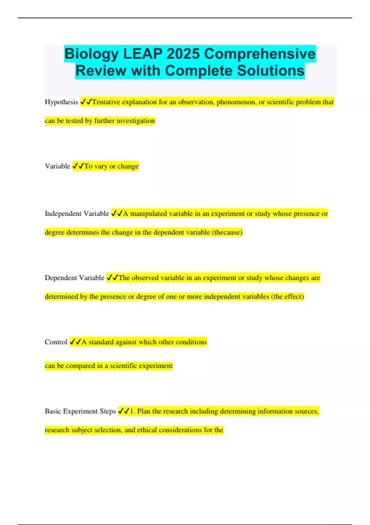 Biology LEAP 2025 Comprehensive Review with Complete Solutions ...