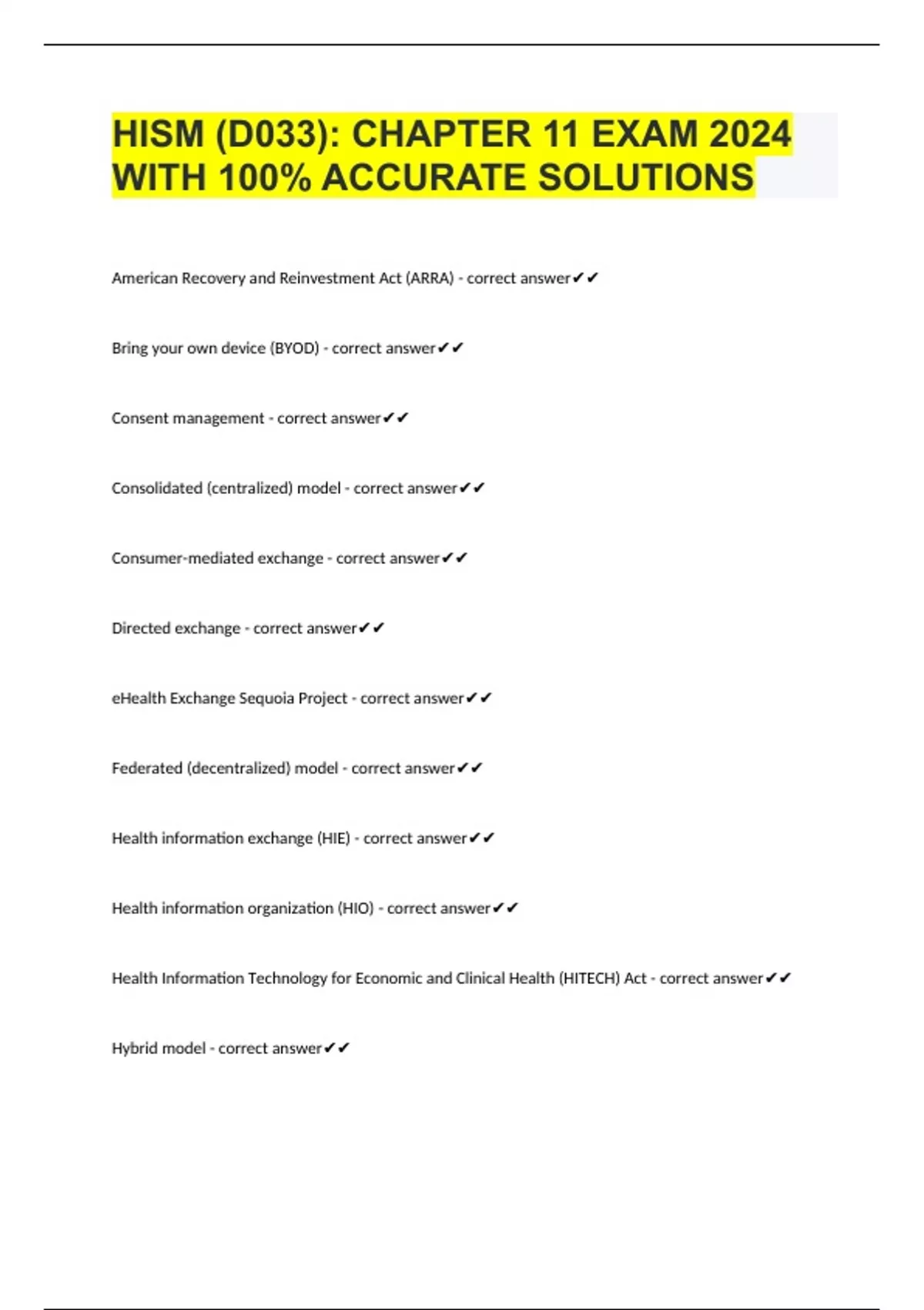 HISM (D033): CHAPTER 11 EXAM 2024 WITH 100% ACCURATE SOLUTIONS - HISM - Stuvia US