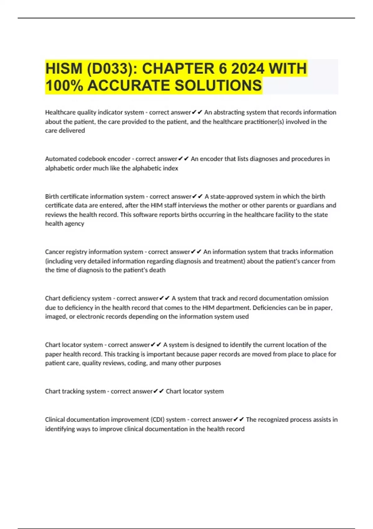 HISM (D033): CHAPTER 6 2024 WITH 100% ACCURATE SOLUTIONS - HISM - Stuvia US