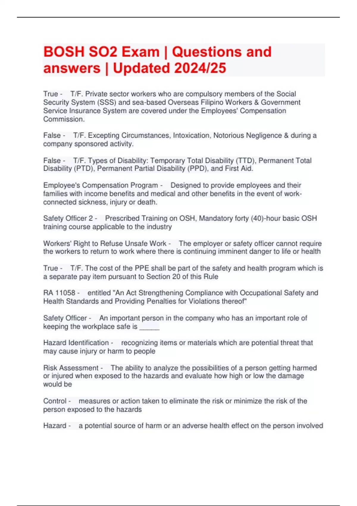 BOSH SO2 Exam | Questions and answers | Updated 2024/25 - BOSH SO2 - Stuvia US