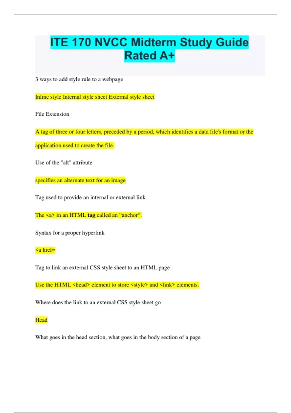 ITE 170 NVCC Midterm Study Guide Rated A+ - ITE 170 NVCC - Stuvia US