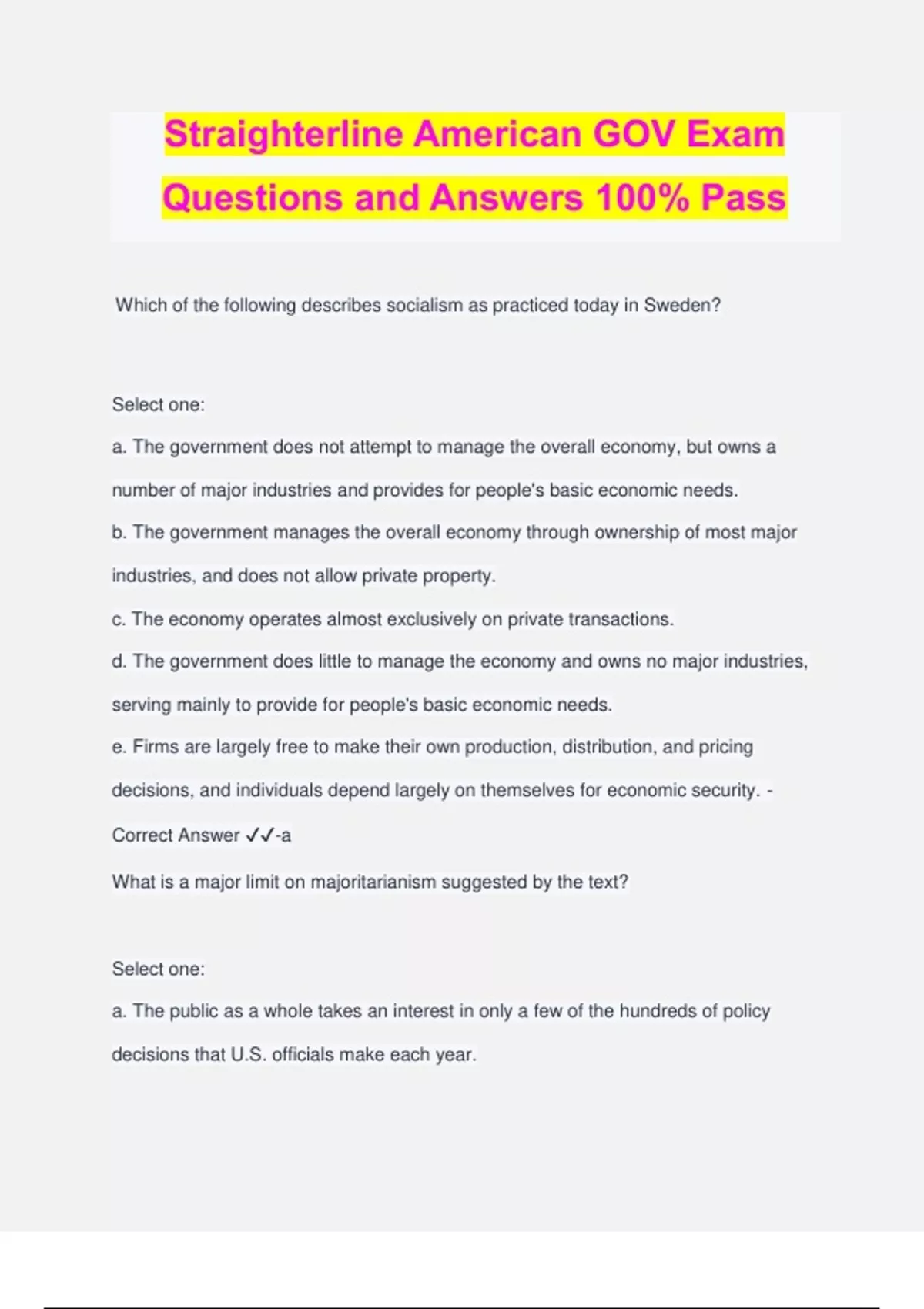 Straighterline American GOV Exam Questions and Answers 100% Pass ...
