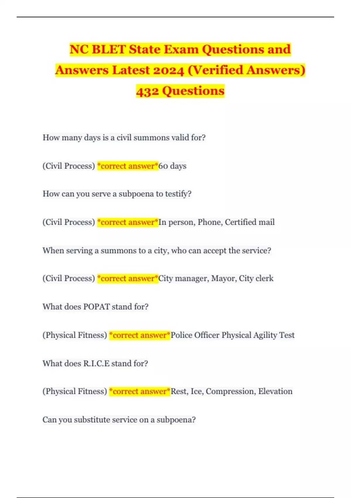 NC BLET State Exam Questions and Answers Latest 2024 (Verified Answers ...