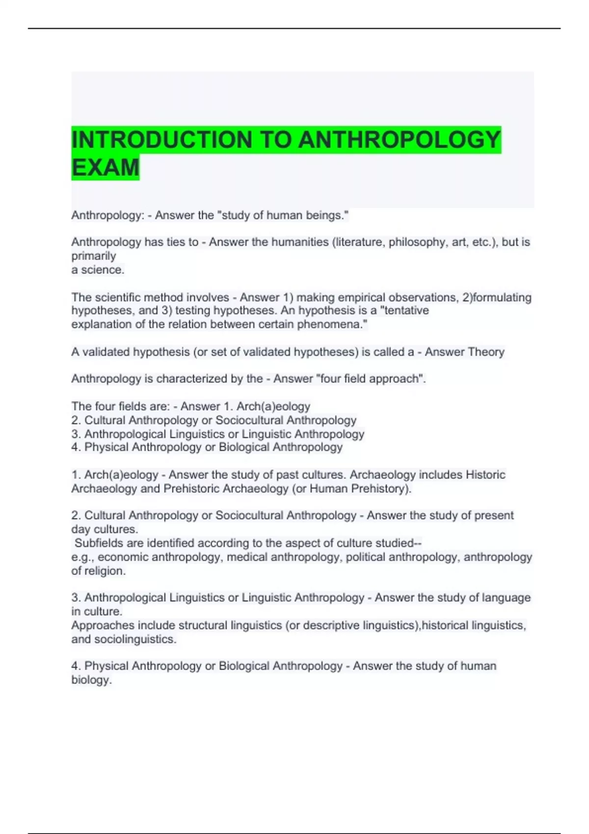INTRODUCTION TO ANTHROPOLOGY EXAM 2024 QUESTIONS AND ANSWERS ...
