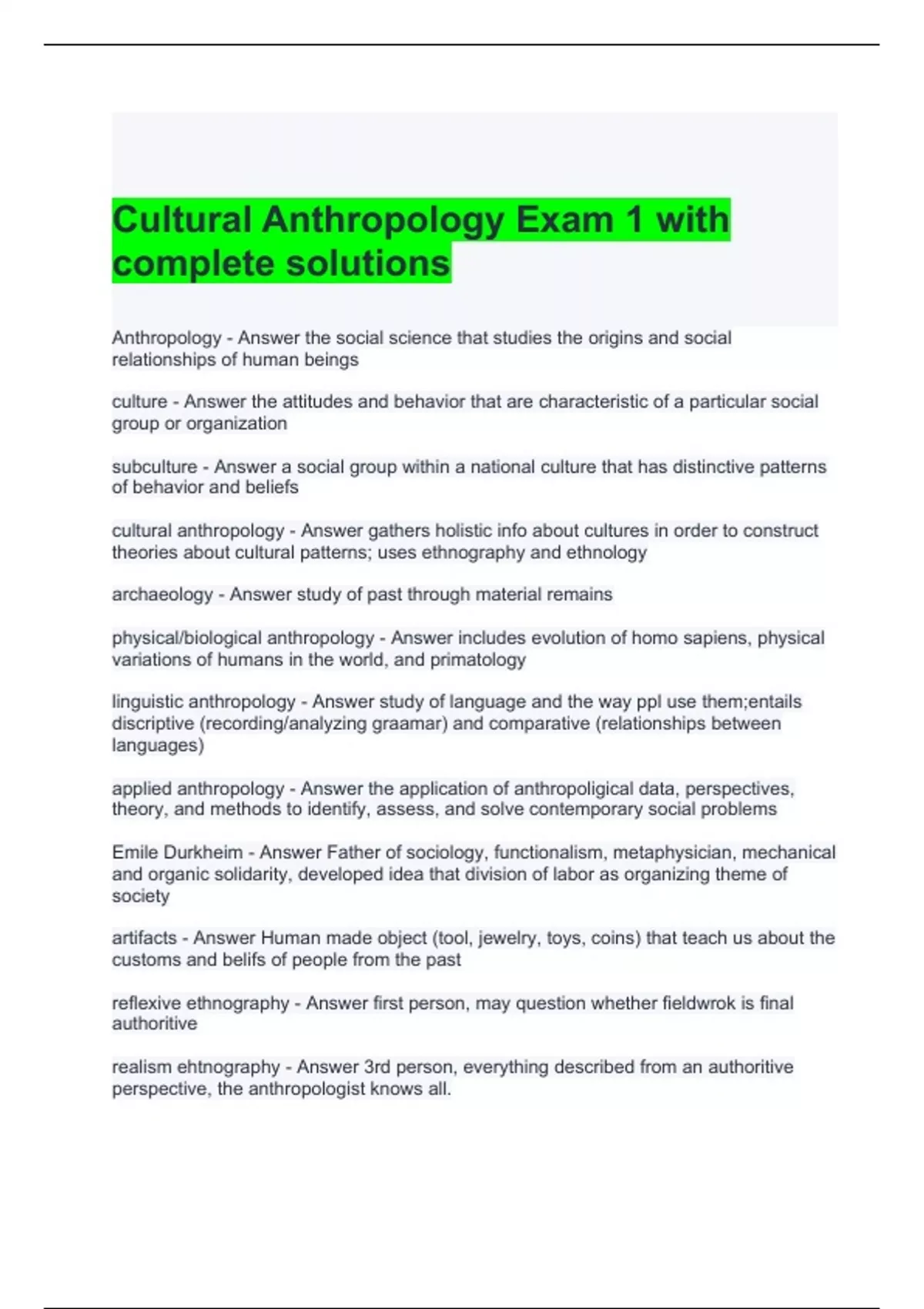Cultural Anthropology Exam 1 with complete solutions - Anthropology ...