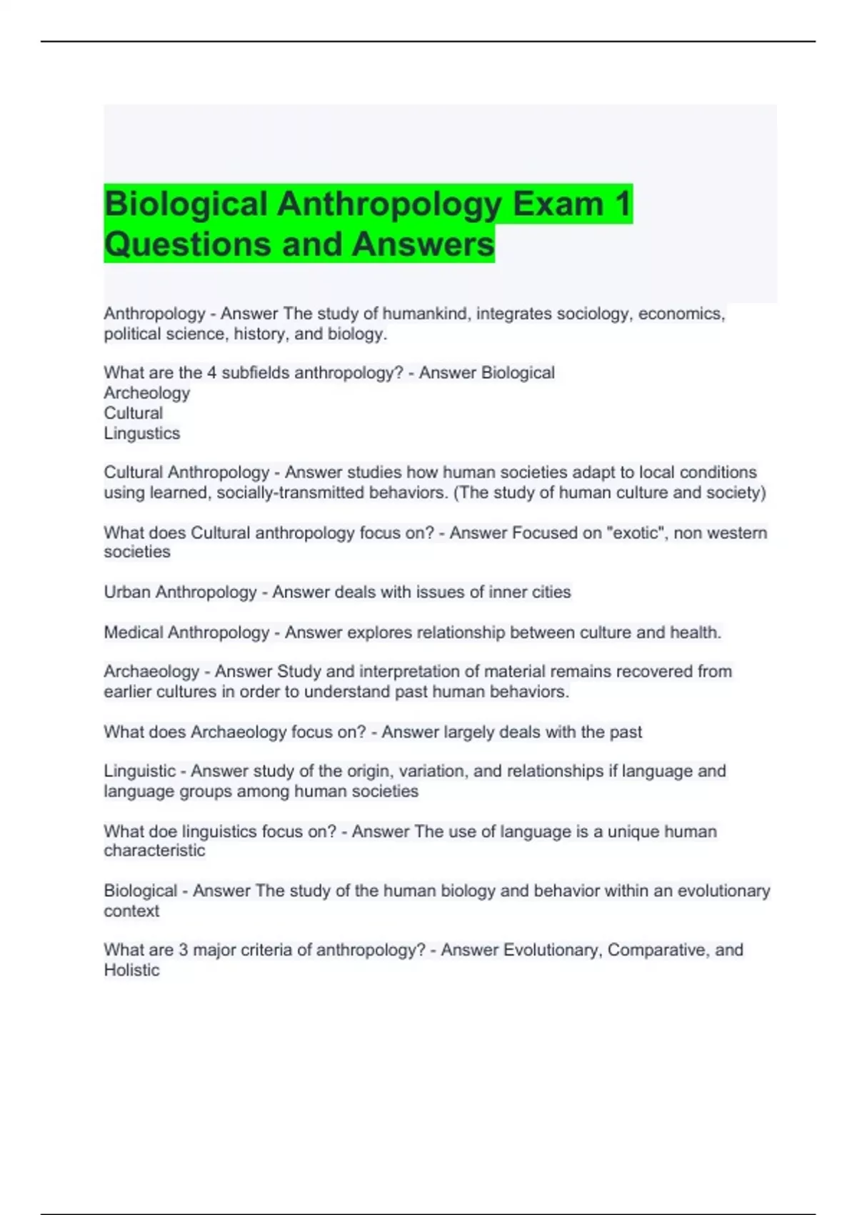Biological Anthropology Exam 1 Questions and Answers - Anthropology ...
