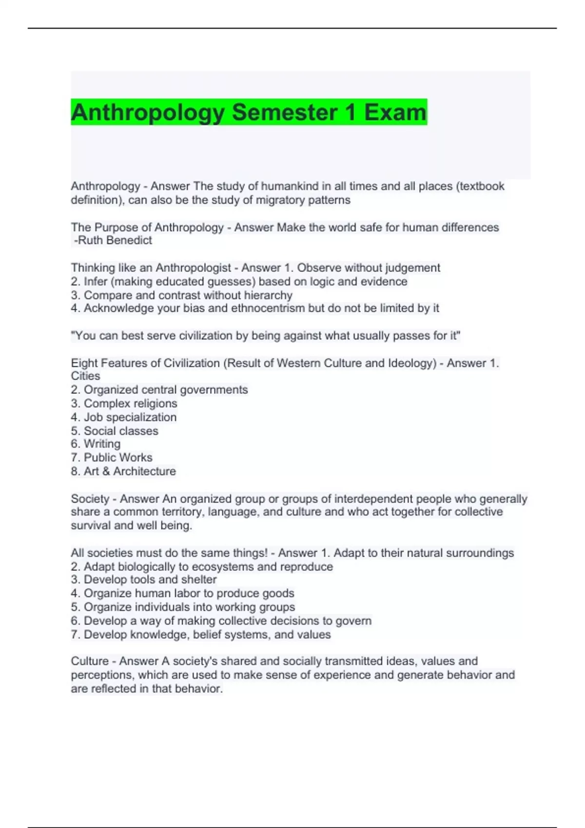 Anthropology Semester 1 Exam with 100% correct Answers - Anthropology ...
