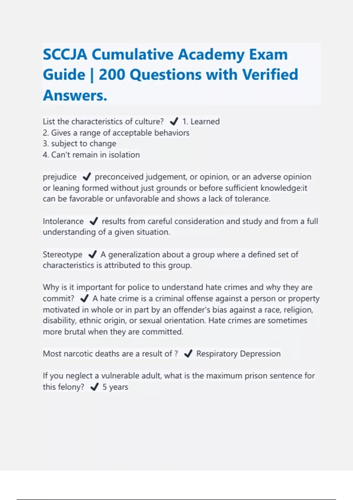 SCCJA Cumulative Academy Exam Guide | 200 Questions with Verified ...