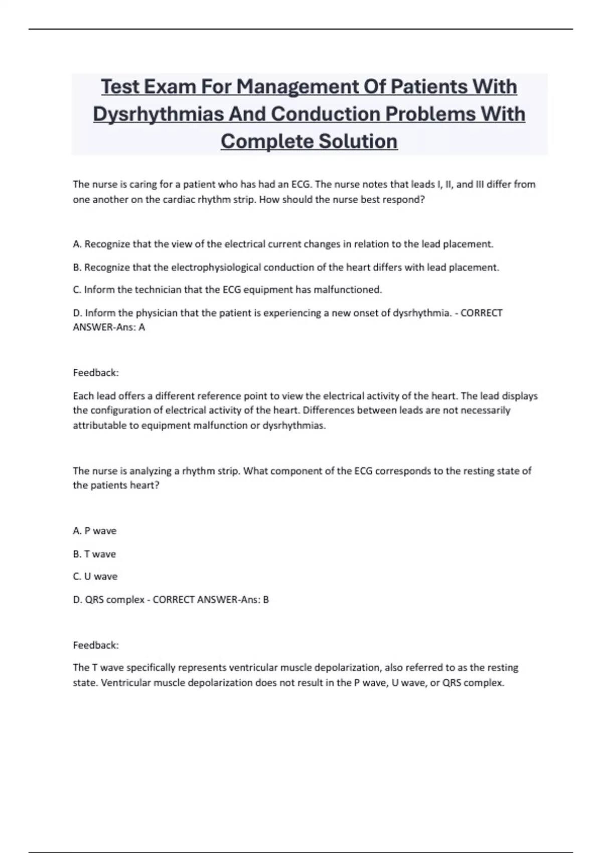 Test Exam For Management Of Patients With Dysrhythmias And Conduction ...
