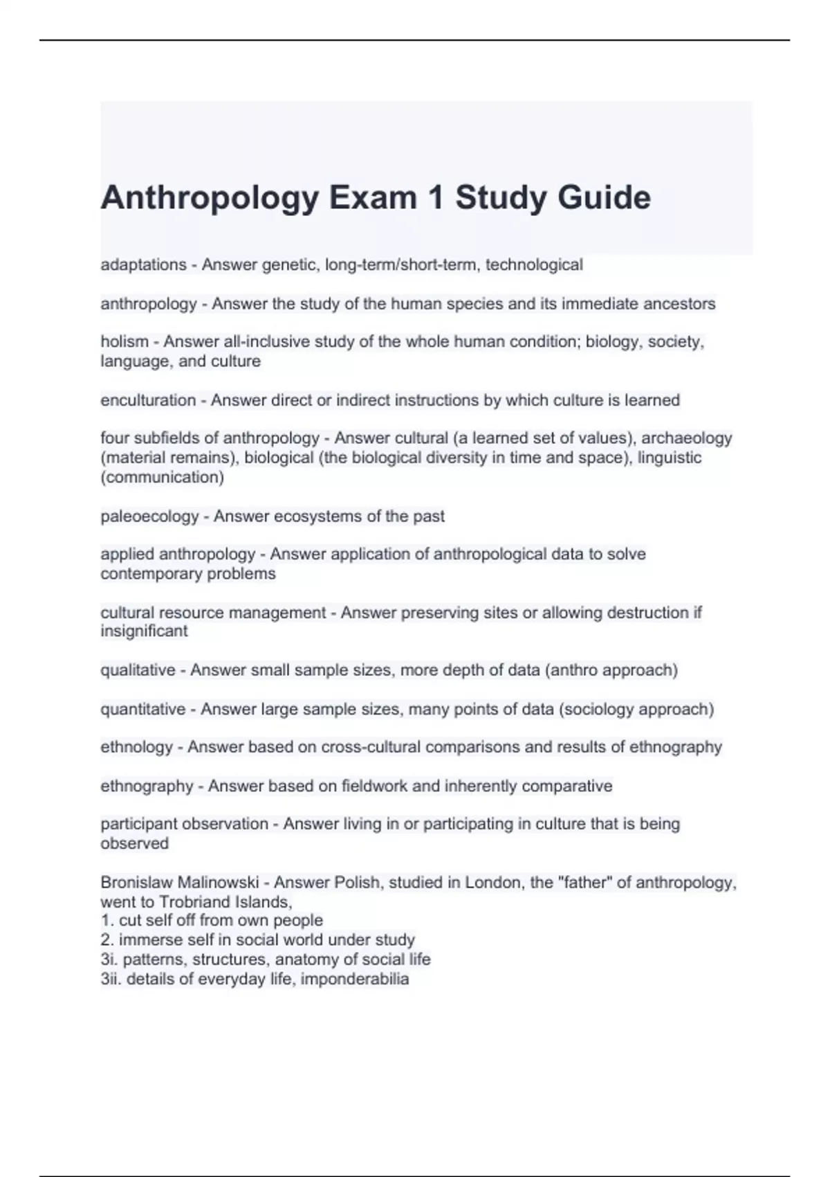 Anthropology Exam 1 Study Guide 2024 - Anthropology - Stuvia US