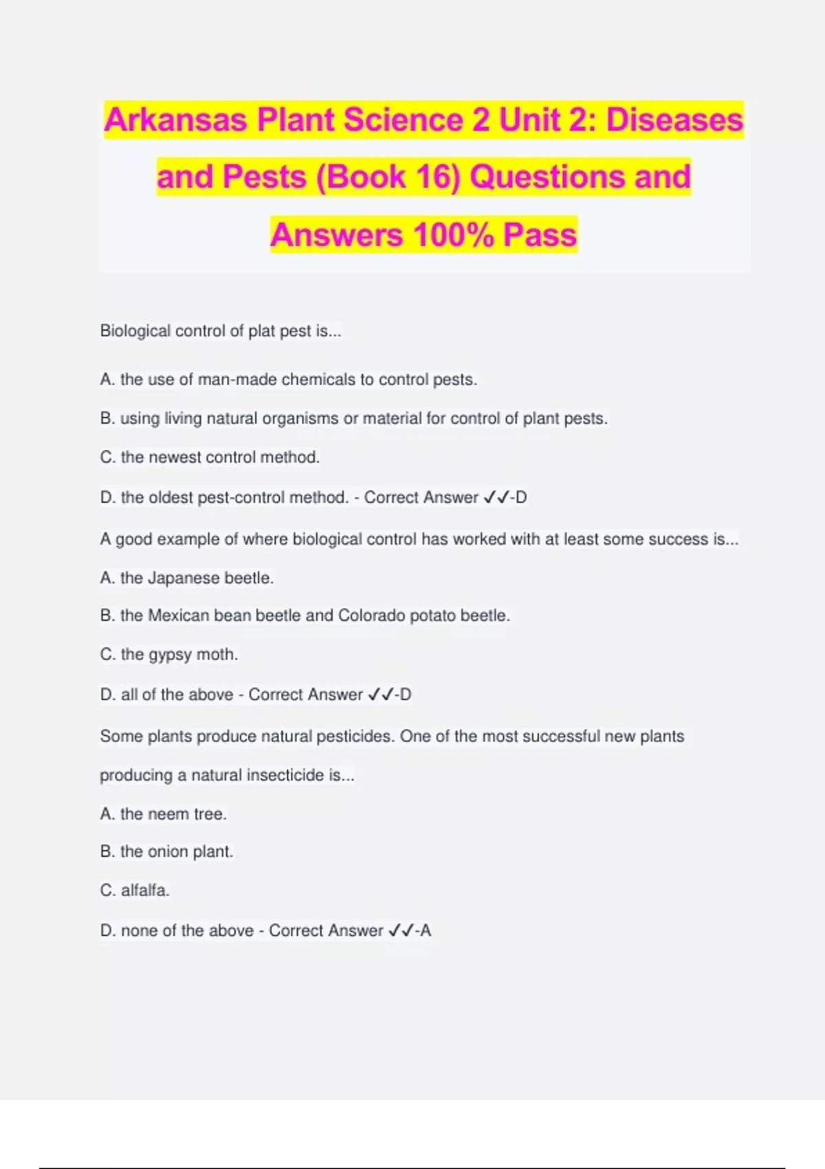 Arkansas Plant Science 2 Unit 2: Diseases and Pests (Book 16) Questions ...