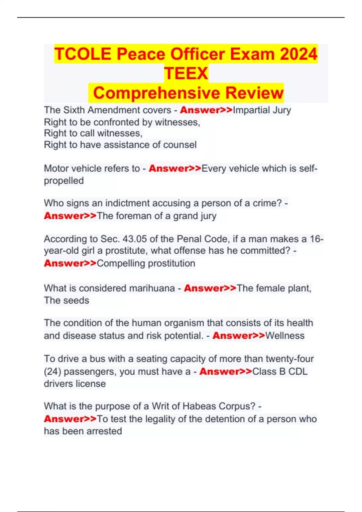 TCOLE Peace Officer Exam 2024 TEEX Comprehensive Review - TCOLE - Stuvia US