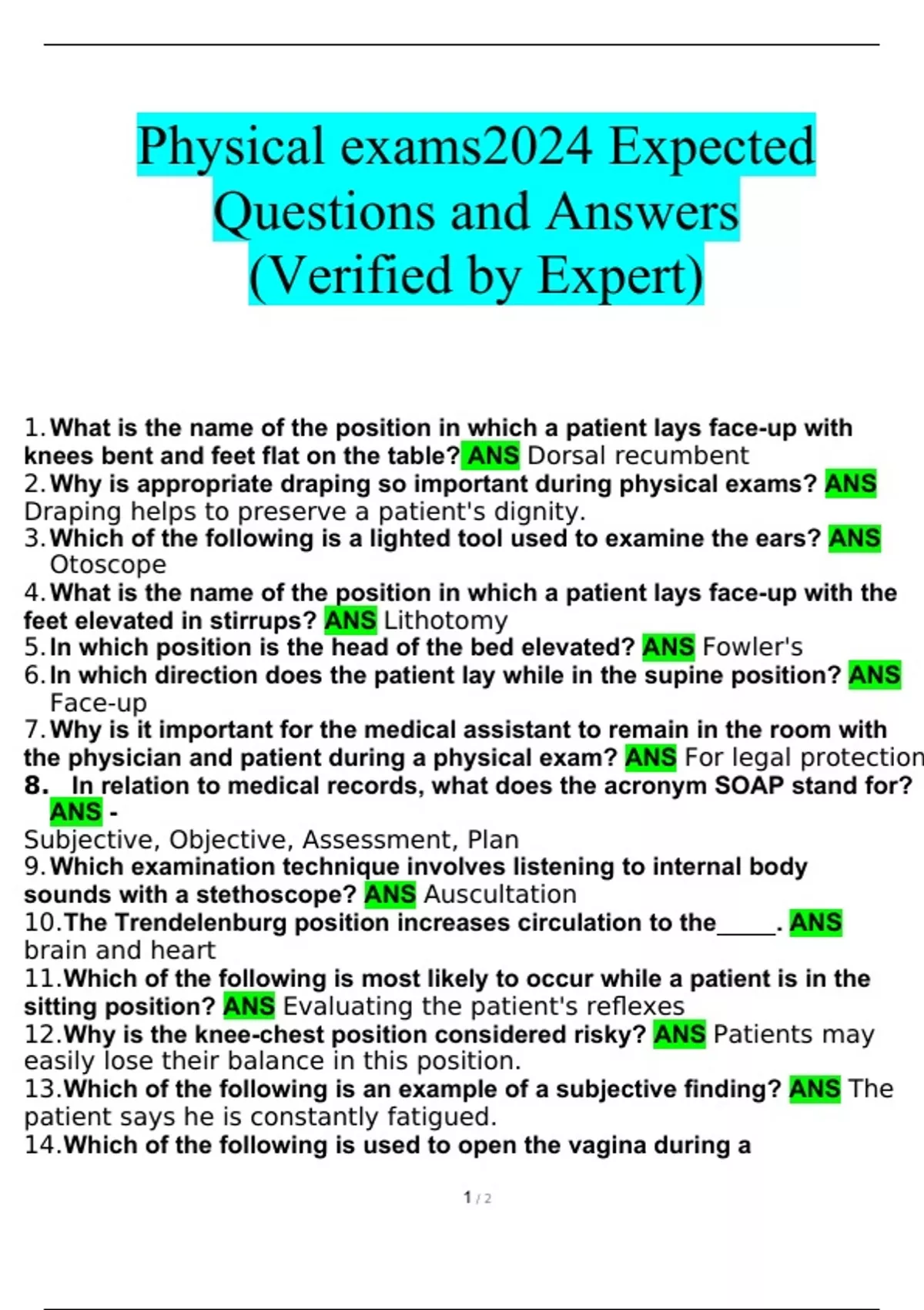 Physical Exams 2024 Expected Questions and Answers (Verified by Expert ...