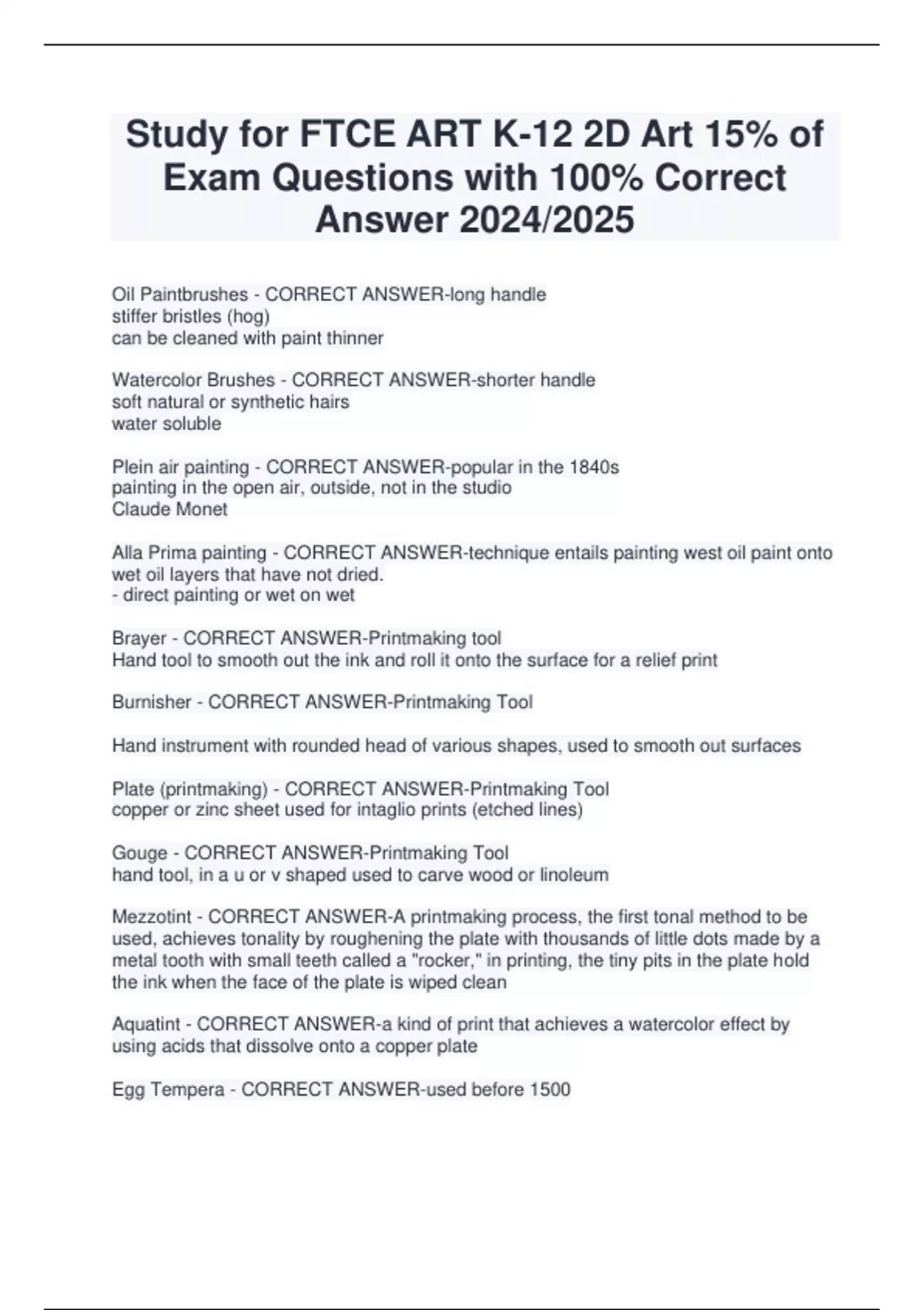 Study for FTCE ART K-12 2D Art 15% of Exam Questions with 100% Correct ...